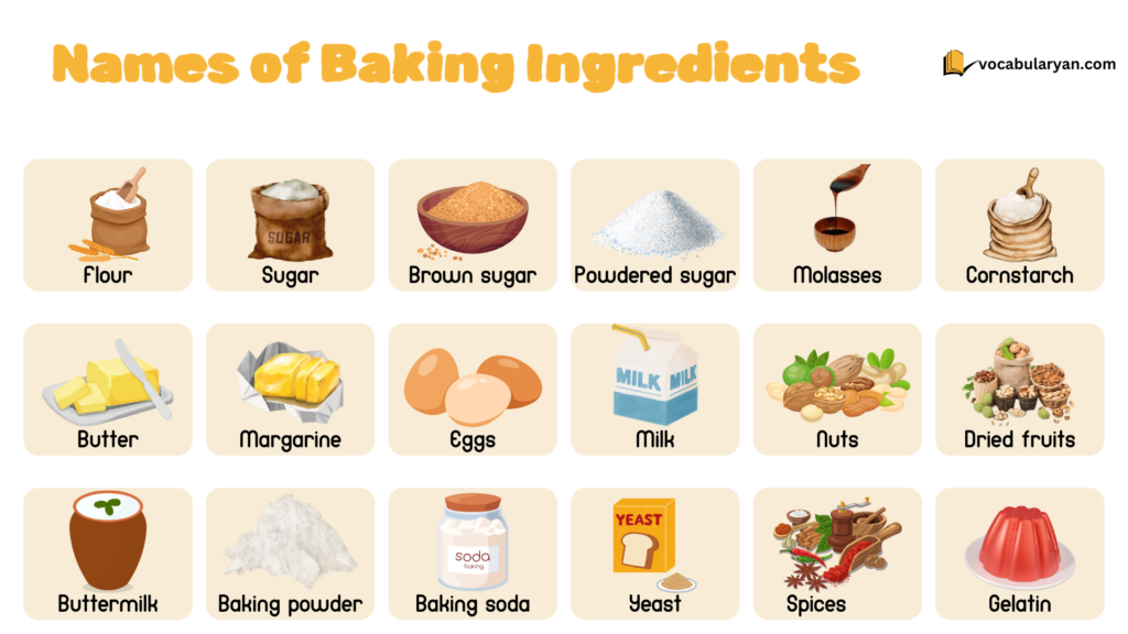 Names of Baking Ingredients with Pictures for English Learners